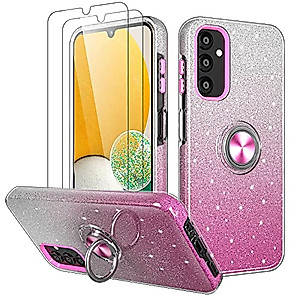 KSWOUS for Galaxy A14 5G Case with Screen Protector [2 Pack], Glitter Sparkly Bling Pink Protective Cover with Kickstand for Women Girls Slim Shockproof Case for Samsung A14 Phone Case (Pink