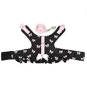 Zunea No Pull Small Dog Girl Harness Dress Escape Proof Cat Kitten Vest Harness Leash Set Step-in Soft Cotton Padded Polka Dot Jacket Chihuahua Puppy Clothes with Cute Bow for Walking Black M