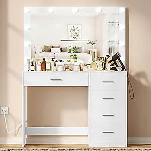 Keehusux Vanity Table with Large Mirror and 3 Color Adjustable Lights, Bedroom Makeup Vanity with Charging Station, Makeup Dressing Table with 5 Drawers for Women, Wife, White KES002WSZT