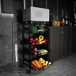 DELORM 5 Tier Vegetable Fruit Kitchen Storage Basket Cart Rack with Universal Wheel Metal Wire Basket Shelf Rolling Storage Cart, Rustic Farmhouse