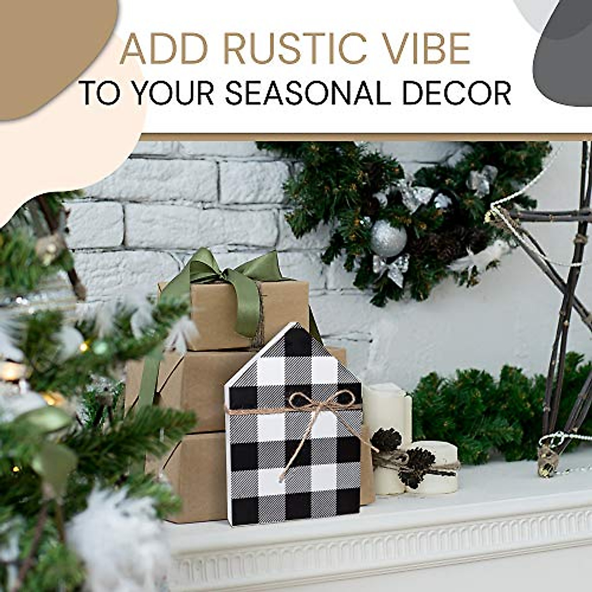 Double-Sided Home Sweet Home Sign for Shelf Decorations - Black and White Buffalo Plaid Decor Farmhouse - Small House Shaped Wood Block Signs with Sayings - Country Decor for Table or Fireplace Mantle