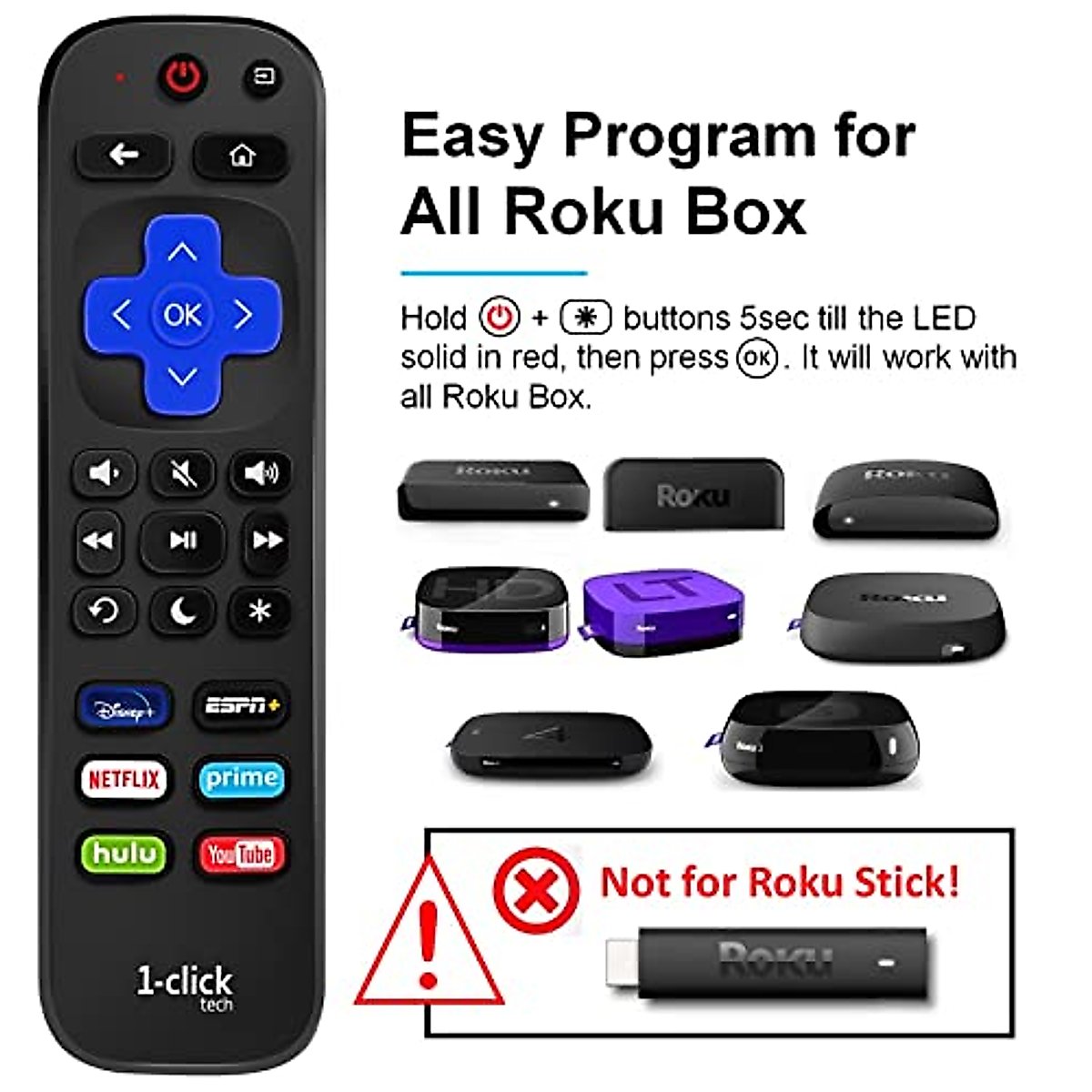 1-clicktech Remote for Roku TV, Compatible for TCL HISENSE ONN Sharp Hitachi Element Westinghouse LG Sanyo JVC Magnavox - All Built-in Roku TV [Not for Roku Stick]