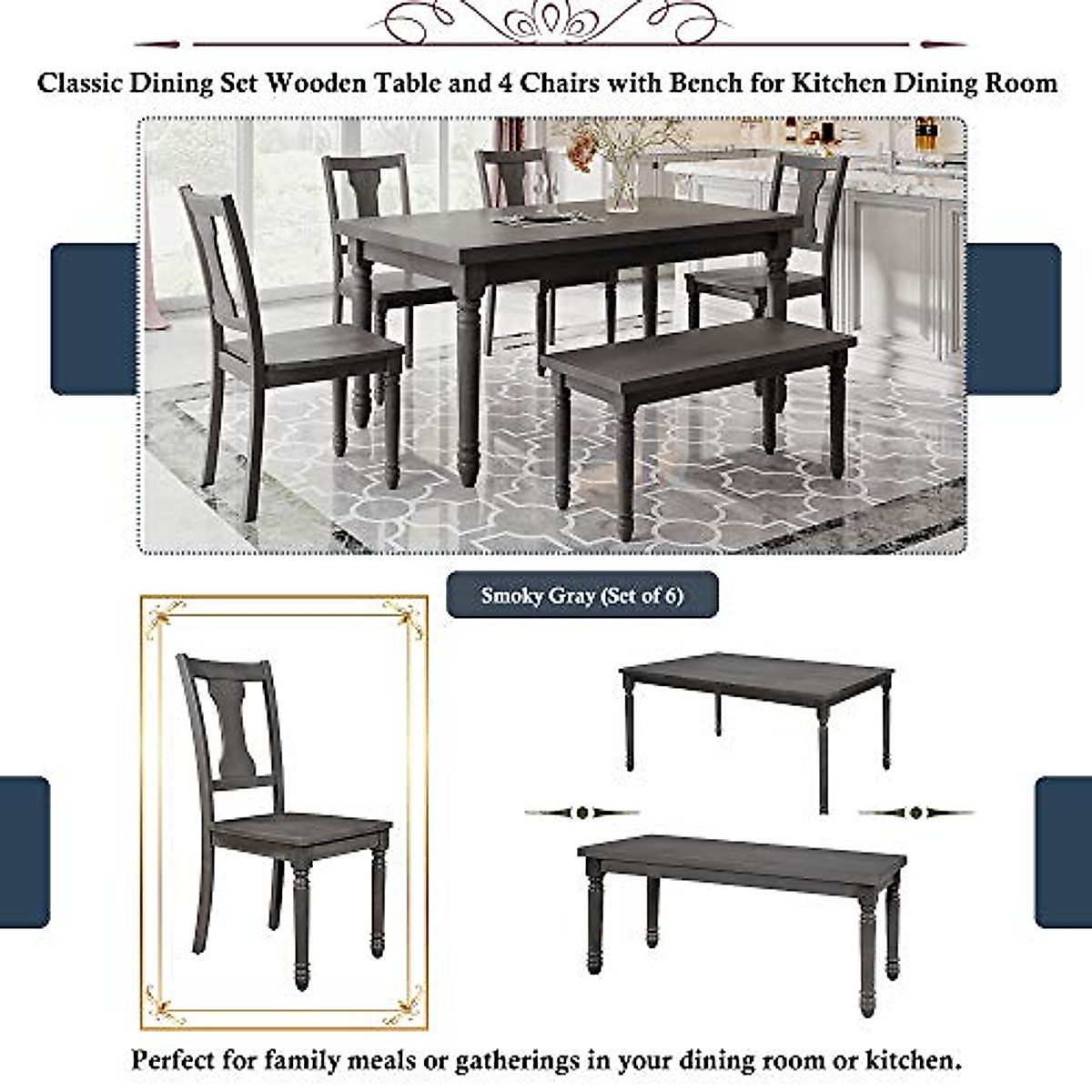Woanke 6-Piece Set, Wooden Rectangular Table with 4 Chairs and 1 Bench, Rustic Style for Kitchen, Dining Room, Breakfast Nook, 2-Gray