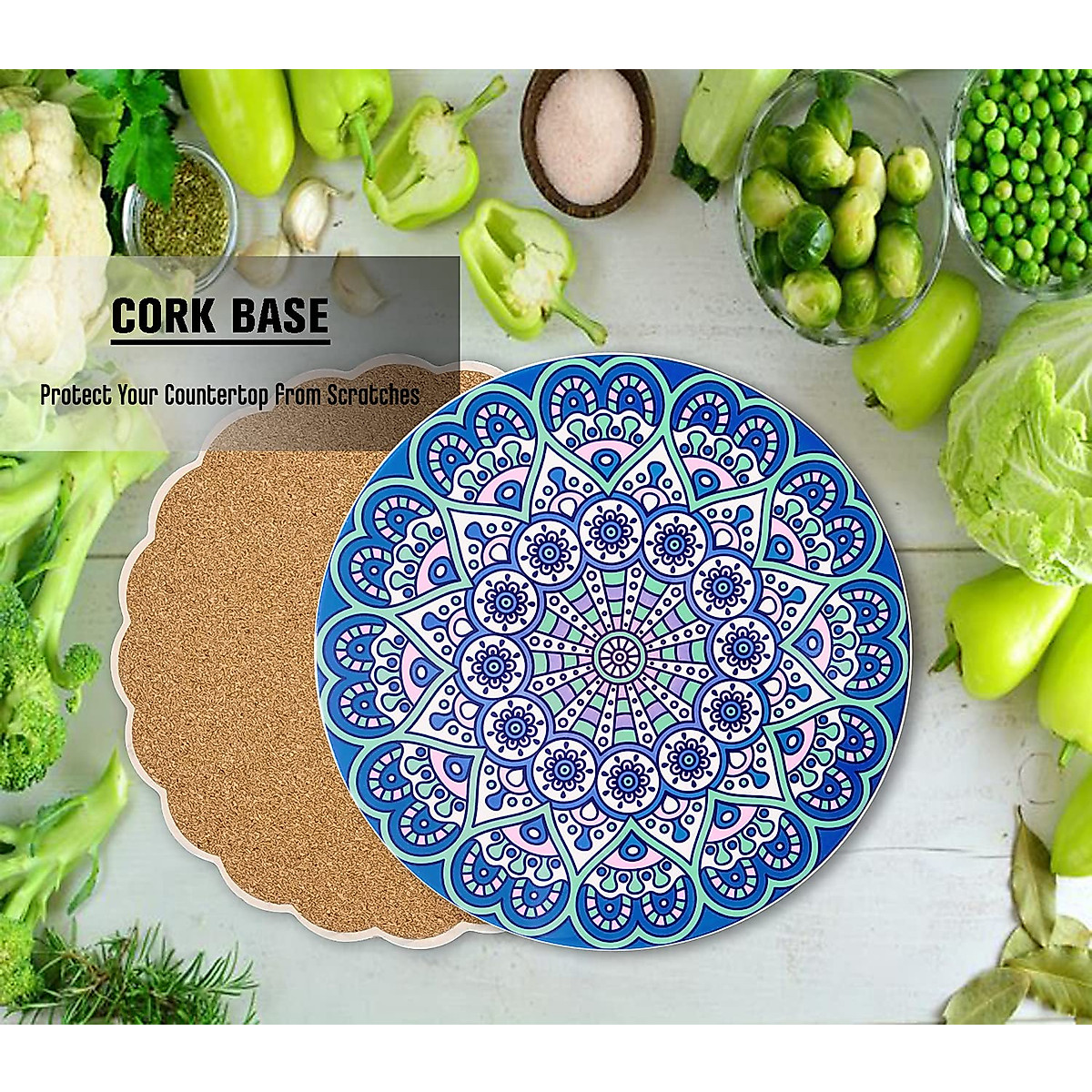 Ceramic Trivet for Hot Pots and Pans, Large Heat Resistant Mats with Cork Base, Trivets for Hot Dishes, Extra Thick, Round 7.9 Inch, Set of 2