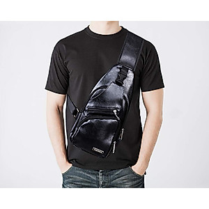 Large Vintage Men's Leather Sling Bag,Chest Shoulder Backpack, Water waterproof Crossbody Bag with USB Charging Port -Large Black