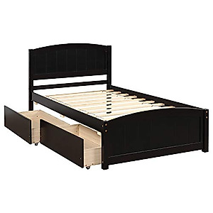 Twin Size Platform Bed with 2 Storage Drawers, Solid Wood Twin Bed Frame with Slat Support and Headboard for Kids, Teen, Adults, No Box Spring Needed(Twin, Espresso)