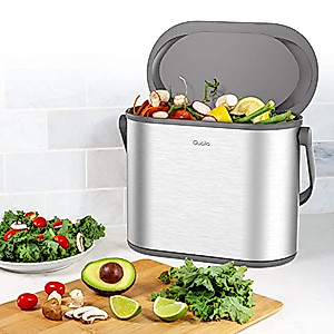 QUALIAZERO Multi-Purpose Countertop Compost Bin | 4L / 1 Gal Stainless Steel Slim Shape | Trash Can with Gray Lid | 1PC (4L / 1 Gal, Gray)