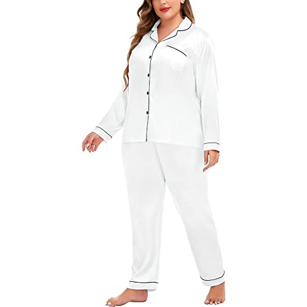 SWOMOG White Pajama Set for Plus Size Women Silk Satin Pajamas Long Sleeve Pjs Button-Down Pj Set Soft Sleepwear Set 22W