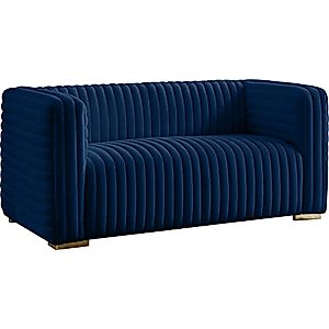 Meridian Furniture 640Navy-L Ravish Collection Modern | Contemporary Velvet Upholstered Loveseat with Deep Channel Tufting + Both Gold & Chrome Legs Included