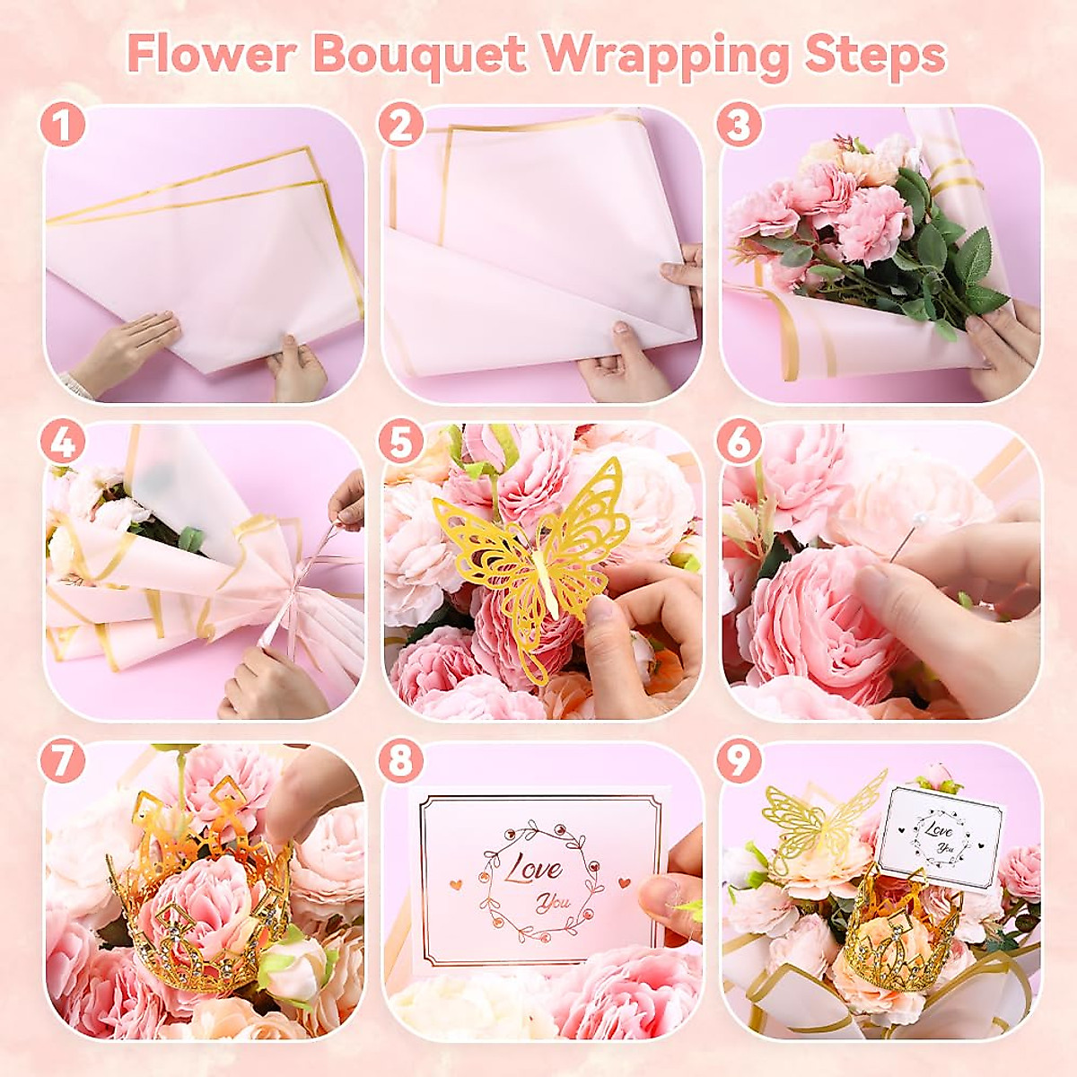 Vellibring 166pcs Flower Bouquet Accessories Flower Bouquet Wrapping Paper Ribbons Gold Crowns Butterfly Decorations Flower Pins for Florist Wrap Mother's Day Valentine's Day Birthday DIY Present