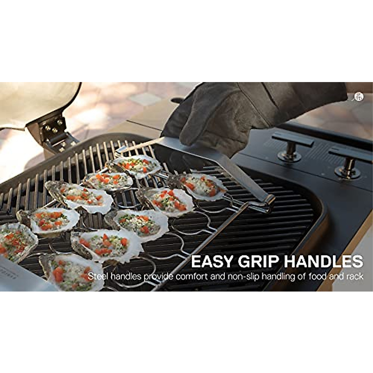 Everdure Grilling Oyster Rack: Brushed Stainless Steel, Easy Grip Handles, Fits 20 Oysters, Premium BBQ Tray for Grilling Appetizers, Shrimp, Scallops, Mushrooms, Peppers, and More, Silver