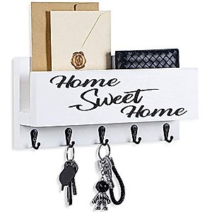 Wooden Key and Mail Holder for Wall Decorative, Rustic Wall Mounted Entryway Organizer with 5 Hooks - Perfect Home Hanging Decor for Office, 100% Pine Wood, 11.8" x 5.9" (White, HomeSweetHome)