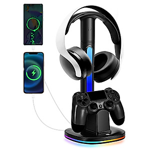PS4 Controller Charger with RGB Headphone Stand, JDGPOKOO PS4 Controller Charger Dock Station with 2 USB Charging Ports, Headset Stand for Playstation 4 Charging Station, Black