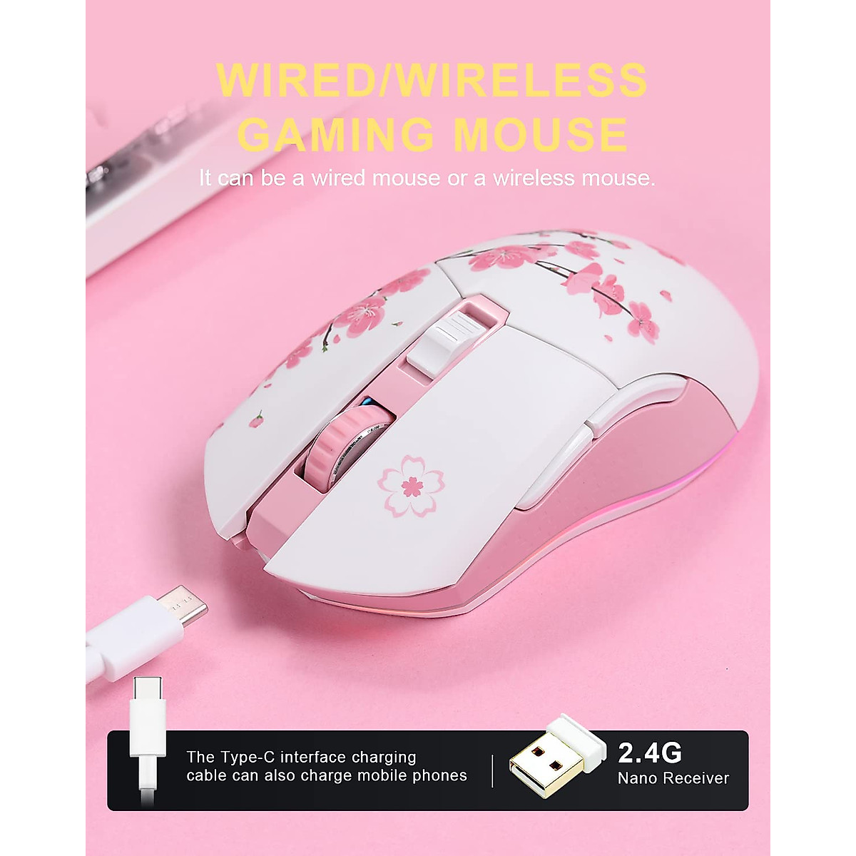 DAREU Sakura Pink Wireless Wired Gaming Mouse, Dual-Mode Rechargeable 7 Programmable Buttons,10K DPI,RGB and 7 Adjustable DPI Levels up to [150IPS] [1000Hz Polling Rate] for PC Notebook Mac