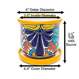 Enchanted Talavera Small Ceramic Flower Pot & Saucer Succulent Planter House Plant Cactus Bonsai Decorative Pot Plant Container 2-Piece Set (Marigold)