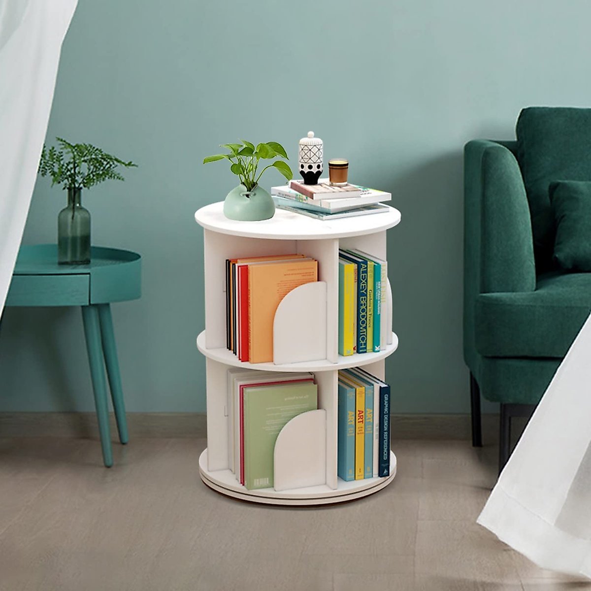Cbhfmljd 2 Layers 360° Rotating Bookshelf, Round Bookcase Nordic Style 2 Tier Revolving Bookcase Freestanding Storage Shelf Stackable Shelves Bookshelf Organizer Round Bookshelf Living Room Bedroom