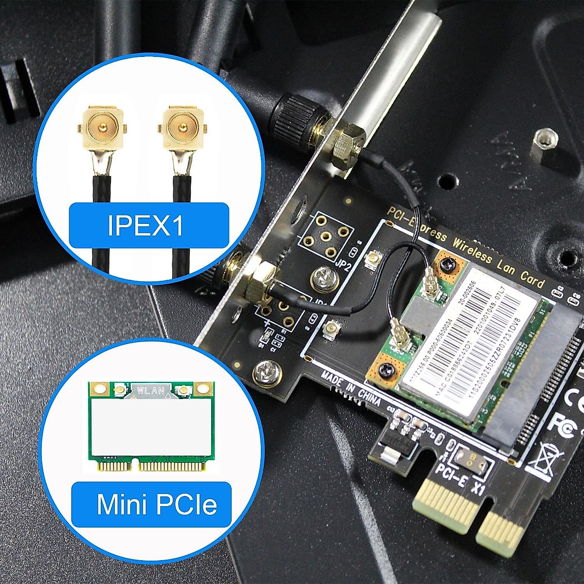 GLOTRENDS WA02 Mini PCIe to PCIe X1 WiFi Bluetooth Adapter for Mini PCIe WiFi 4/5/6/6e Module/Coral TPU Module, with 3.5-dBi SMA Antenna Kits