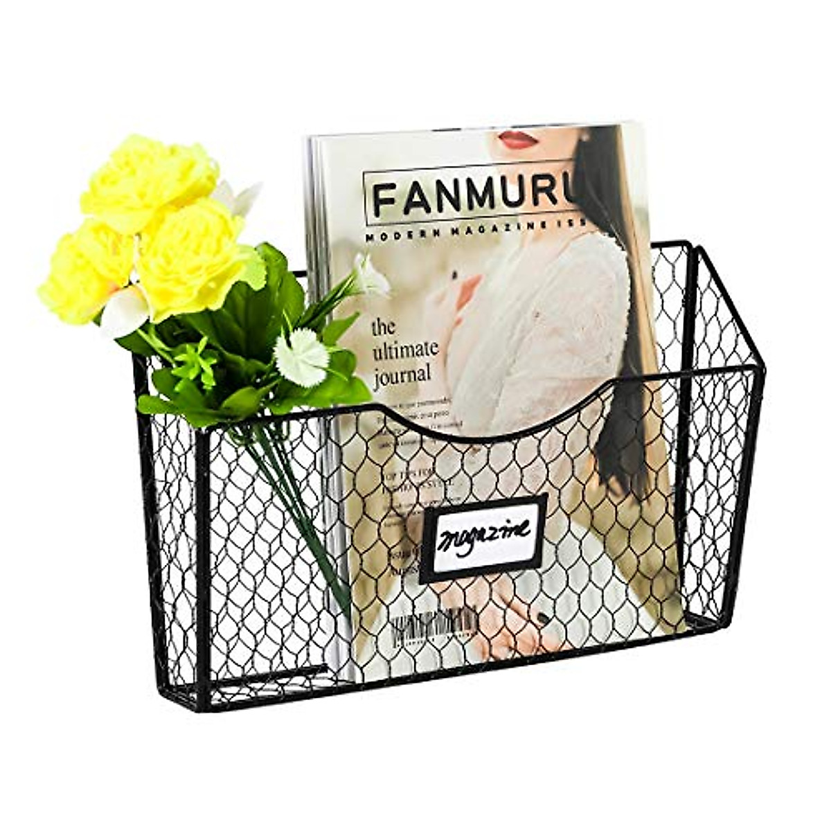 PAG 3 Pockets Hanging File Holder Wall Mount Mail Organizer Metal Chicken Wire Magazine Rack with Tag Slot, Black