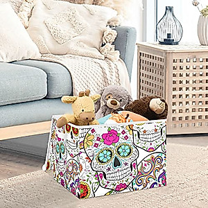 innewgogo Day Of The Dead Sugar Skulls Storage Bins with Lids for Organizing Closet Organizers with Handles Oxford Cloth Storage Cube Box for Room