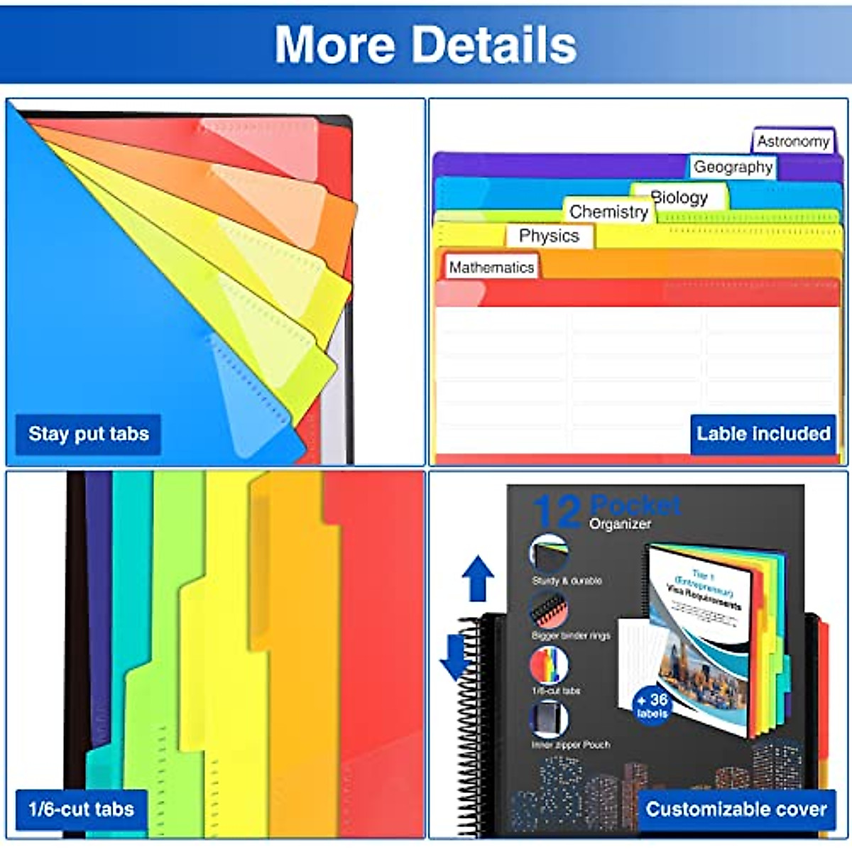 12 Pocket Project Organizer, Forvencer 1/6-cut Tab Binder Organizer with Sticky Labels, Multi Pocket Folder with Zipper Pouch, Folder Binder Spiral Pocket Organizer Folder Notebook, Letter Size, Black