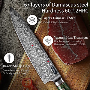 Damascus Chef Knife 8 inch- Razor Sharp Kitchen Knife Made of Damascus VG-10 Steel Special Chef's Knife for the Kitchen, Green Ebony Handle Ergonomic (8.03)…