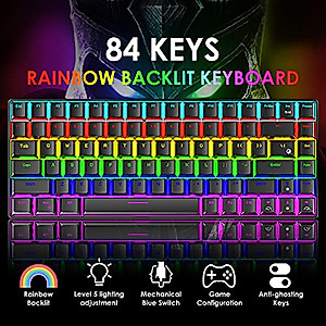 Gaming Keyboard and Mouse with Mechanical Red Switch Rainbow Backlit Wired Type-C 84 Keys Anti-ghosting,RGB 12000 DPI Lightweight Honeycomb Shell Gaming Mouse,Large Mouse Pad for PC Gamers(Black)
