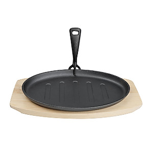 Lot45 Cast Iron Fajita Sizzling Pan- 10in Hot Dish Sizzling Plate Serving Platter with Wooden Base Plate, Steak Skillet