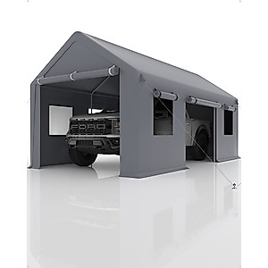 DEXSO Carport 13'x20' Portable Garage, with Heavy Duty Car Port Canopy, Height Adjustable Poles, Roll-up Doors & Windows, Large Outdoor Storage Shed for Pickup, Boat, and Equipment, Gray