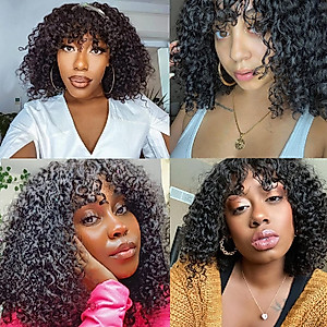 12" Short Curly Human Hair Wig with Bangs Curly Bob Wigs for Black Women Brazilian Human Virgin Hair Short Black Bob Wig with Bangs Human Hair Water Wave Wigs Glueless None Lace Wig Natural Color