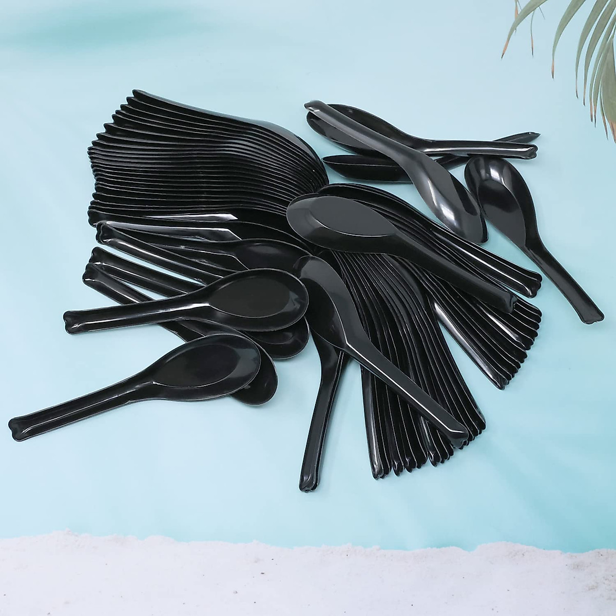 Honbay 60PCS Disposable Plastic Soup Spoon, White Translucent Dinner Spoon, Asian Soup Spoons for Egg Custard, Pudding, Oatmeal, Stews, Ramen, Pho, etc (Black)