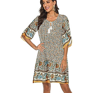 Women's Casual Floral Print Tie Neck Short Sleeve Summer Tunic Boho Dress Plus 2X Beige