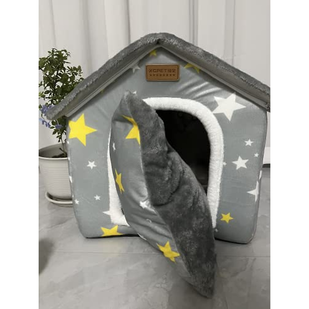 SEAHOME Foldable Dog House Kennel Bed Mat for Indoor Pets,Enclosed Warm Plush Sleeping Nest Bed with Removable Cushion,Covered Small Pet Condos Indoor Cat Hideaway (L, Grey)
