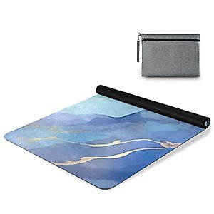 GOODOLD Blue Gold Marble Yoga Mat, 71 x 26 Inch Non-slip Yoga Mats Folding Travel Exercise Mat Indoor Outdoor Gym Pilates with Storage Bag for Women Men