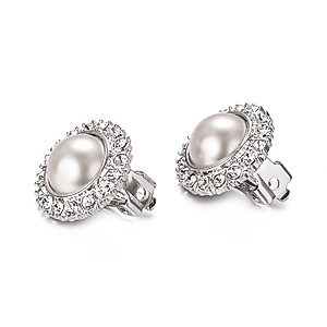 Yoursfs Large Faux Pearl Diamond Clip On Earrings For Women Dressy Vintage Silver Rhinestone Non Pierced Earring Comfort Round Ear Clips Jewelry