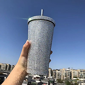Studded Bling Diamond Tumbler Glitter Water Bottle with Lid Stainless Steel Vacuum Thermal Straw Tumbler Rhinestone Tumbler with 1pc Straw 2pcs Brushes for Girls Women (500ml-silver)