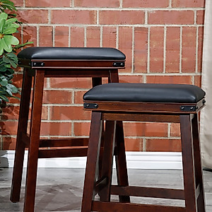 DTY Indoor Living Cortez Bonded Leather Stool, Espresso Finish, 30" Bar Height, Black Leather Seat