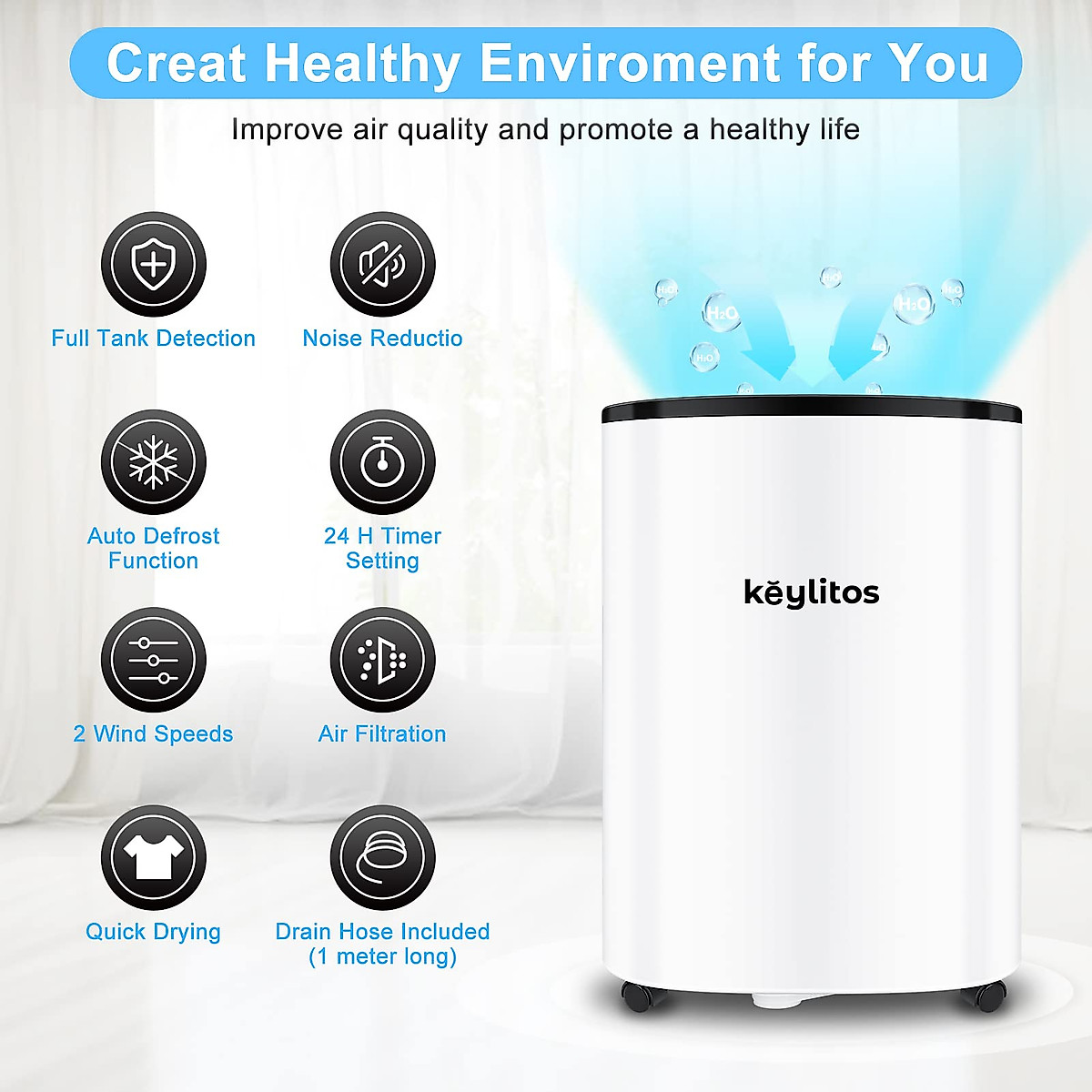 Keylitos 12L Day Dehumidifiers for Home and Basements,Quiet Dehumidifier with Drain Hose, with Digital Humidity Display, Auto or Manual Drainage for Large Room, Garage, Bedroom, Bathroom