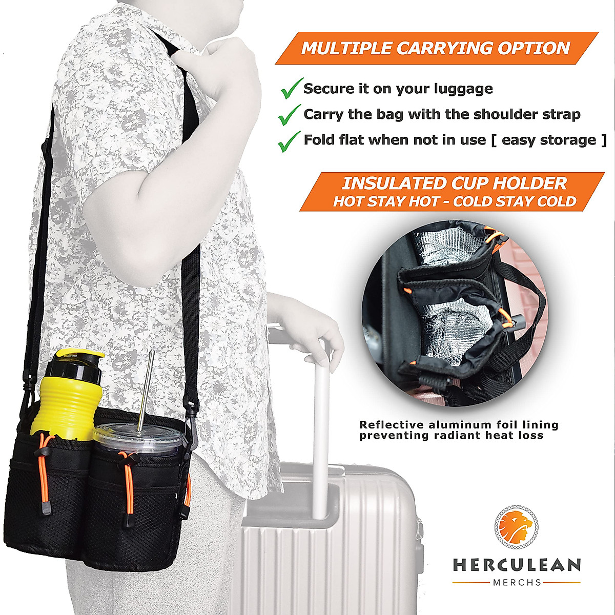 Herculean Merchs Luggage Cup Holder - Black Nylon & Polyester Drink Holder for Suitcase Handles - Caddy Bag Accessory for Beverage, Bottle Holder - Luggage Gift, Drink Caddy for Traveler Carry On