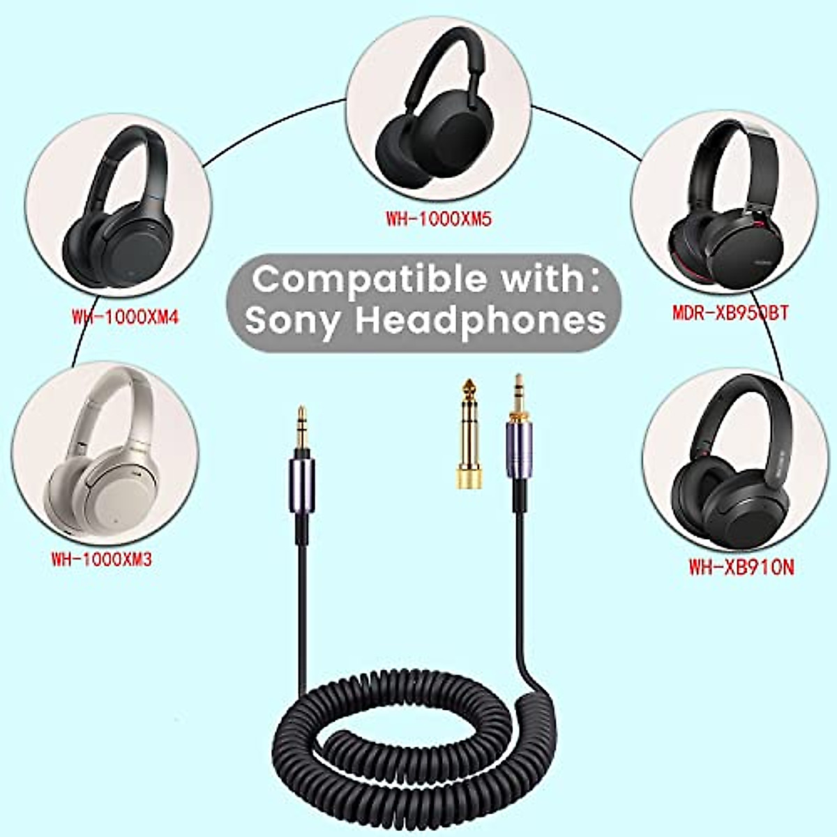FAAEAL WH-1000XM3 Coiled Audio Cable Compatible with Sony WH-1000XM4 WH-1000XM5 MDR-XB950B1 Headsets,Audio-Technica ATH-M50xBT2 Headphones,3.5mm(1/8”) Extension Cord with 6.35mm(1/4”) Adapter/14ft