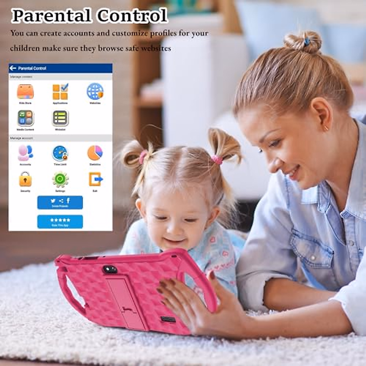 RliyOliy Kids Tablet, 7 inch Android 12 Tablet for Kids, 3GB RAM 32GB ROM Toddler Tablet with Bluetooth, WiFi, GMS, Parental Control, Dual Camera, Educational, Games(Pink)