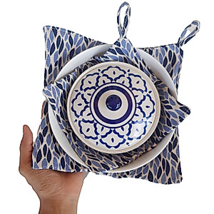 CUSHYSTORE 2 Bowl Cozies Cotton Holders Heat and Cold Resistant Anti-Scalding Protector 8.5" Large 7.5" Small - Navy Leave