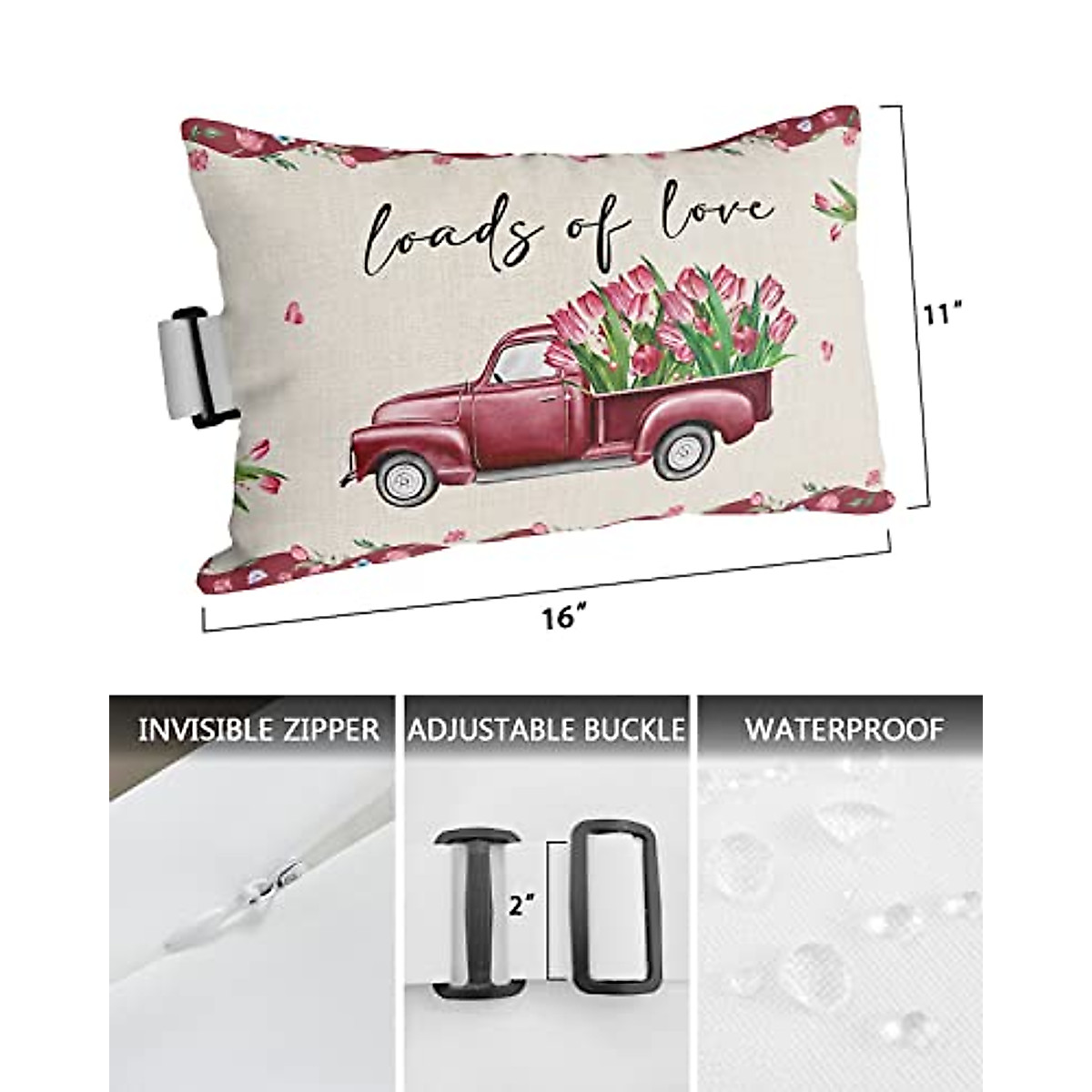 Recliner Head Pillow Ledge Loungers Chair Pillows with Insert Loads of Love Truck Tulip Flower Floral Lumbar Pillow with Adjustable Strap Outdoor Waterproof Patio Pillows for Beach Pool, 2 PCS