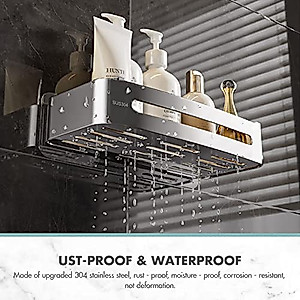 KULED Shower Caddy, Adhesive Shower Shelves No Drilling, 1.77inch Height Rustproof Stainless Steel Bathroom Shower Organizer, Silver Polished Shower Shelf with 2 Adhesives