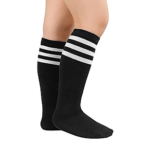 Zando Kids Child Sport Soccer Socks 4-6 Toddler Knee High Tube Socks Three Stripes Soccer Socks 4 Year Old Cotton Cute Stockings Athletic School Socks for Girls L Blue White & Black White 3-6 Years