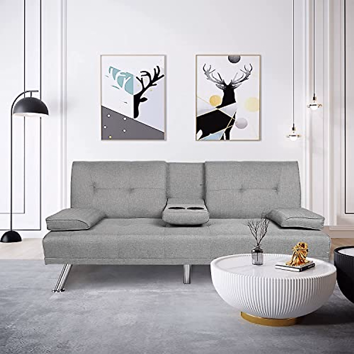 ERYE 3-in-1 Upholstered Futon Sofa Loveseat Convertible Sleeper Couch Bed,2-Seaters Sofa & Couch Soft Cushions Love Seat Daybed for Small Space Living Room Napping Sofabed, Light Grey