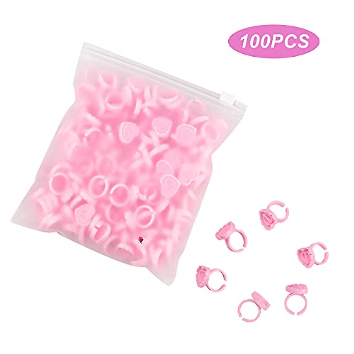 Fawyteng 100pcs Glue Rings Smart Glue Cups Lash Glue Holder Ring Cup,Disposable Glue Cups Lash Glue Rings Lovely Heart Shape for Eyelash Extensions (Pink)