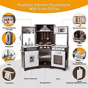 JOYLDIAS Kids Play Kitchen,Corner Wooden Pretend Toddler Kitchen Toys Playset with Realistic Lights & Sounds,Microwave Oven,Water Dispenser, Phone, Sink,Cooking Accessories, for Ages 3+, Brown