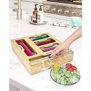 Zgioo Ziplock Bag Storage Organizer for Kitchen Drawer, Storage Bag Organizer with Foil Dispenser, compatible with Quart, Gallon and Snack Bags (1 box 5 slots 1 sliding cutter)