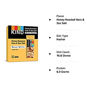 KIND Bars, Honey Roasted Nuts & Sea Salt, Gluten Free, Low Glycemic Index, 1.4oz, 12 Count