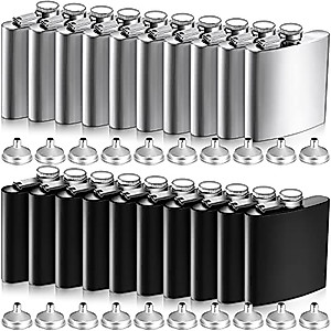 20 Pieces 6 oz Stainless Steel Flask with Funnel Hip Flask for Liquor Leak Proof Camping Drinking Pocket Flasks Black and Silver Flask Set for Men Groomsmen Bridal Women Wedding Party Supplies